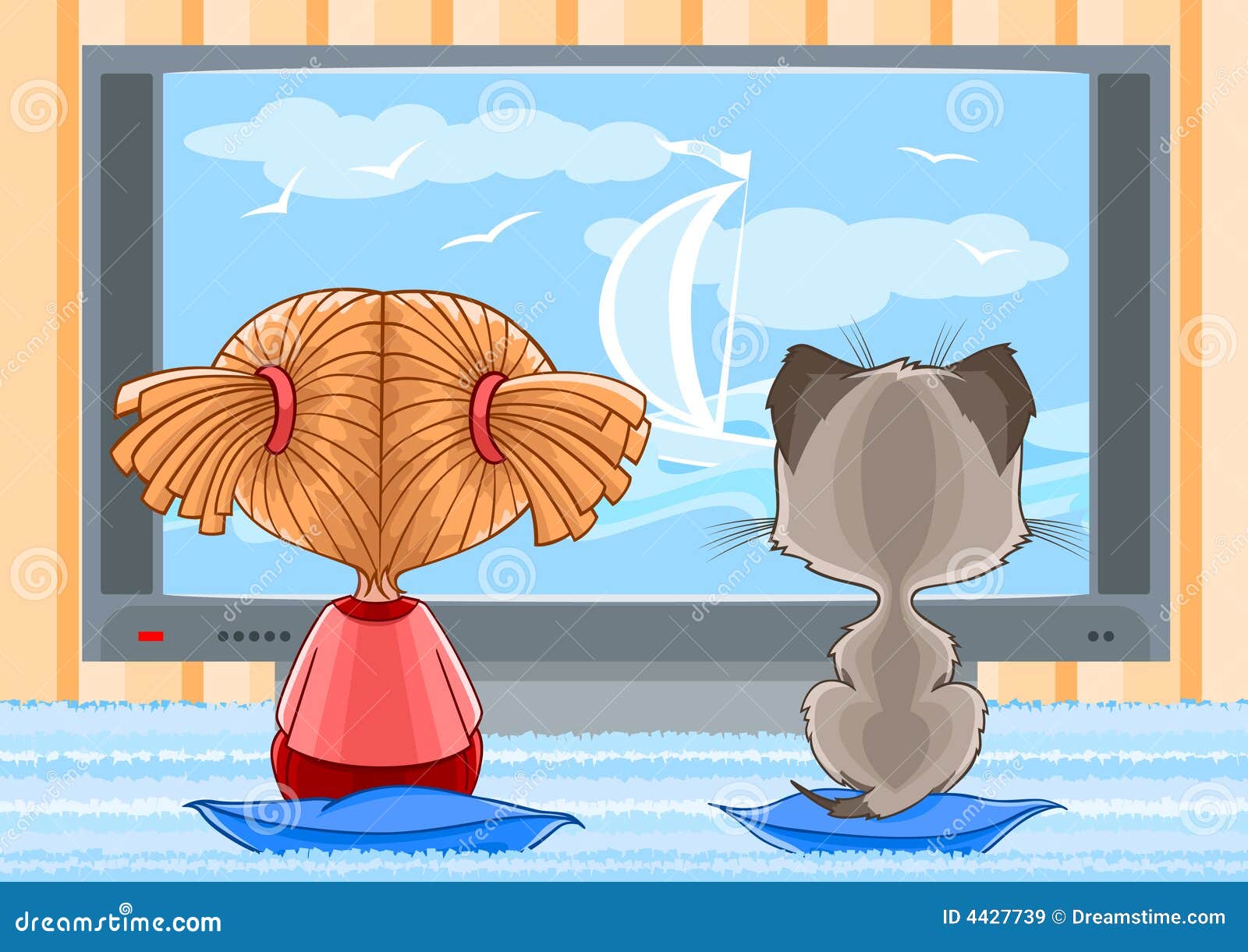 Girl and Kitten Watching TV Stock Vector - Illustration of telecast ...