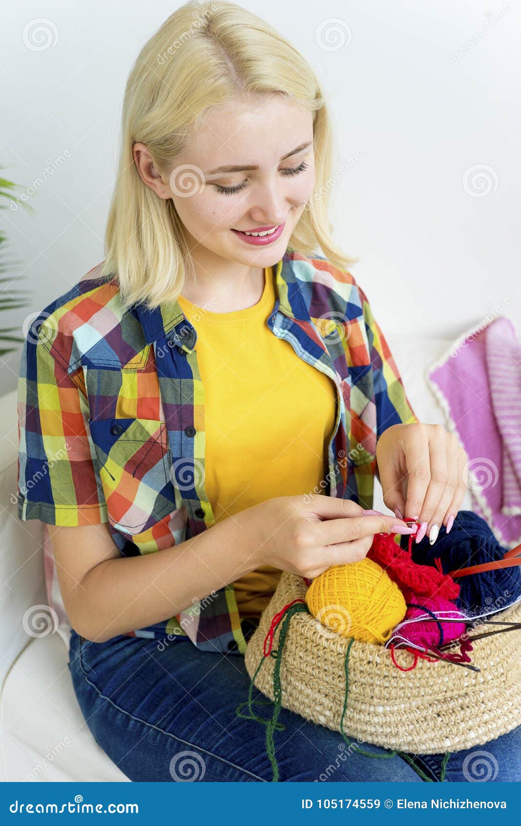 Girl knitting at home stock image. Image of people, hand - 105174559