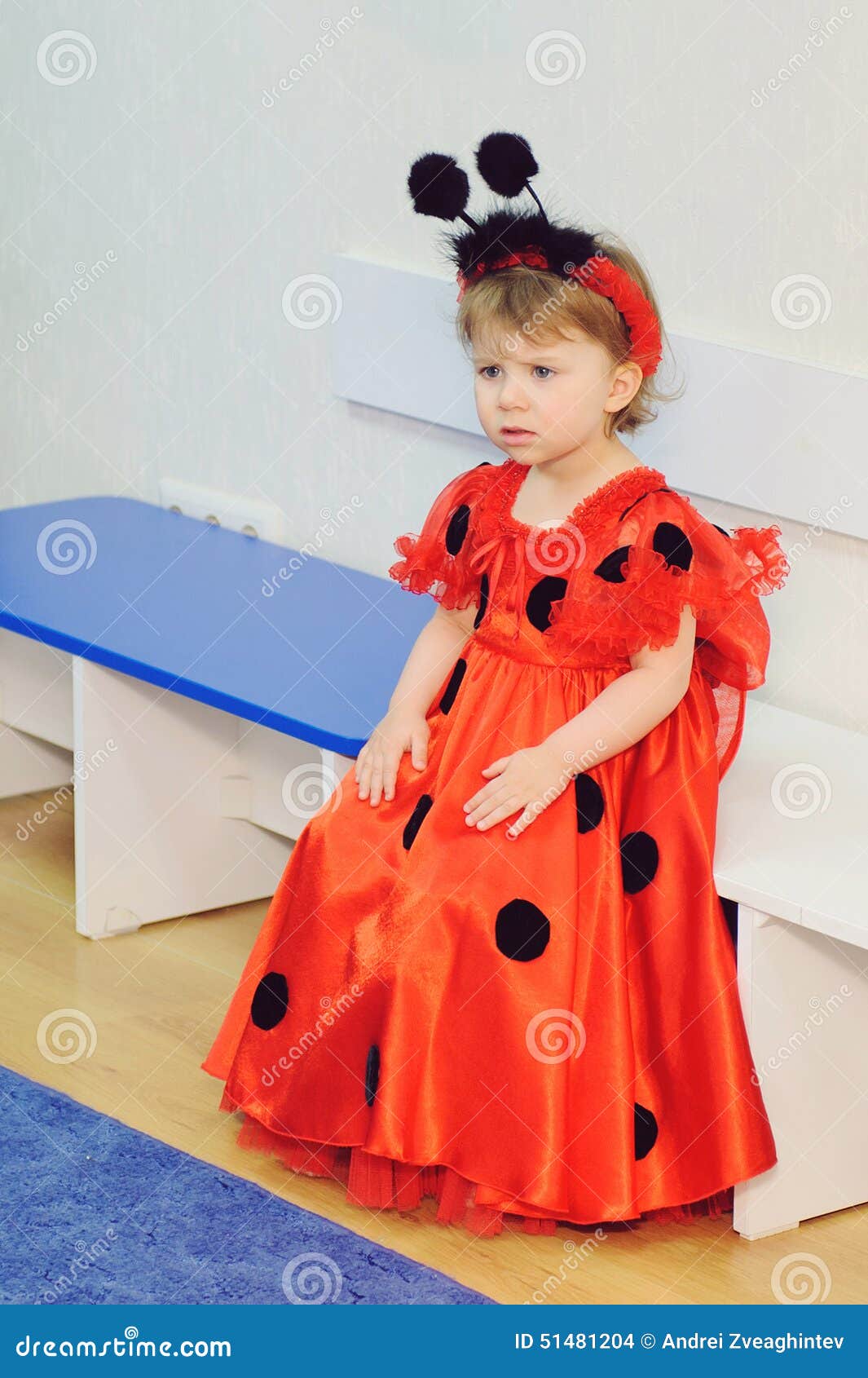 Girl In Ladybug Dress On Bench Royalty-Free Stock Image | CartoonDealer ...