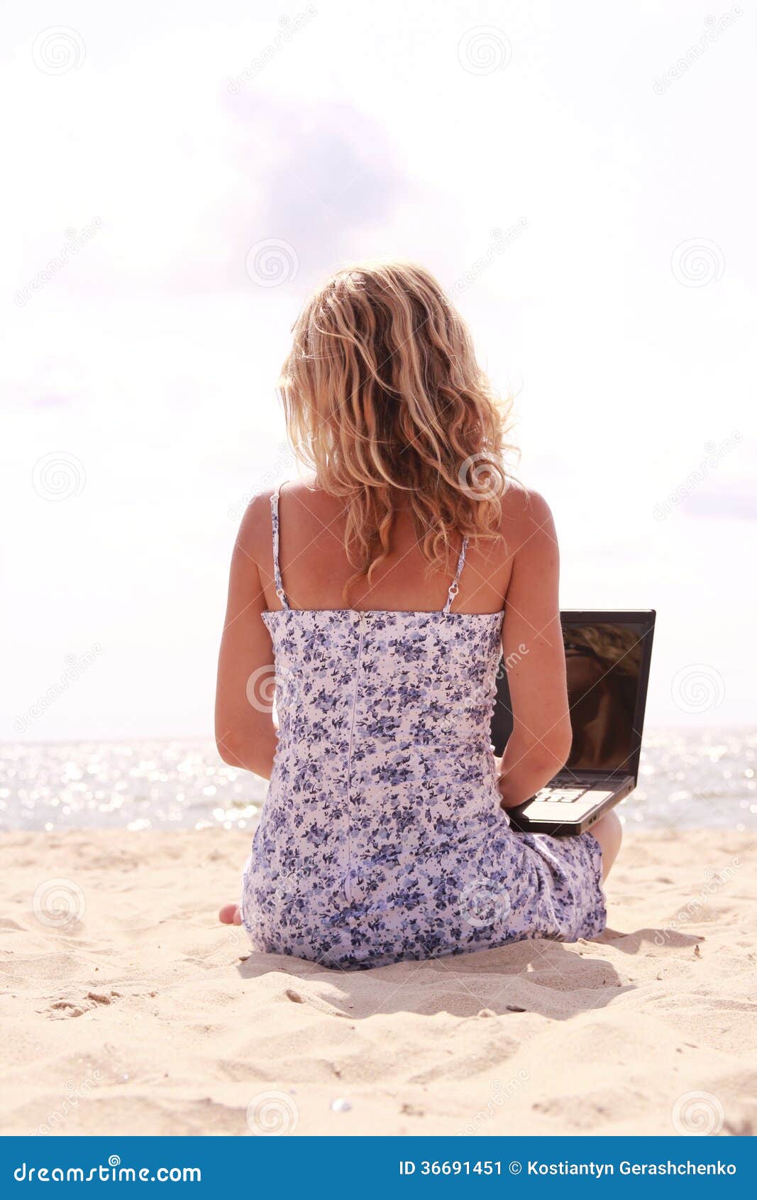 Girl with Laptop on the Beach Stock Image - Image of sunlight, sand ...