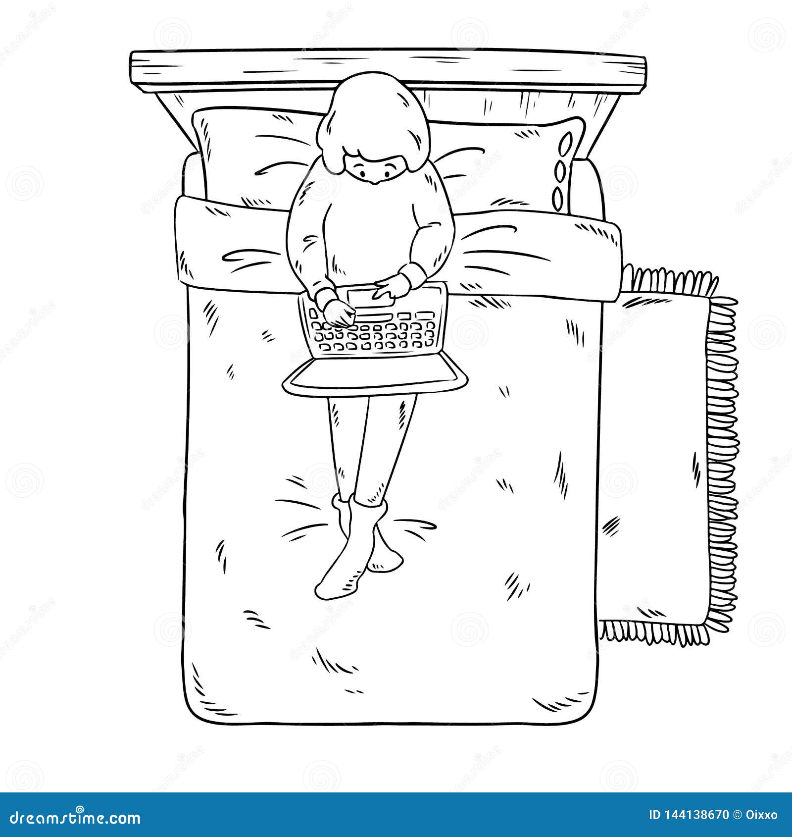 Girl with Laptop on the Bed. Comic Style Image for Coloring. Top View ...