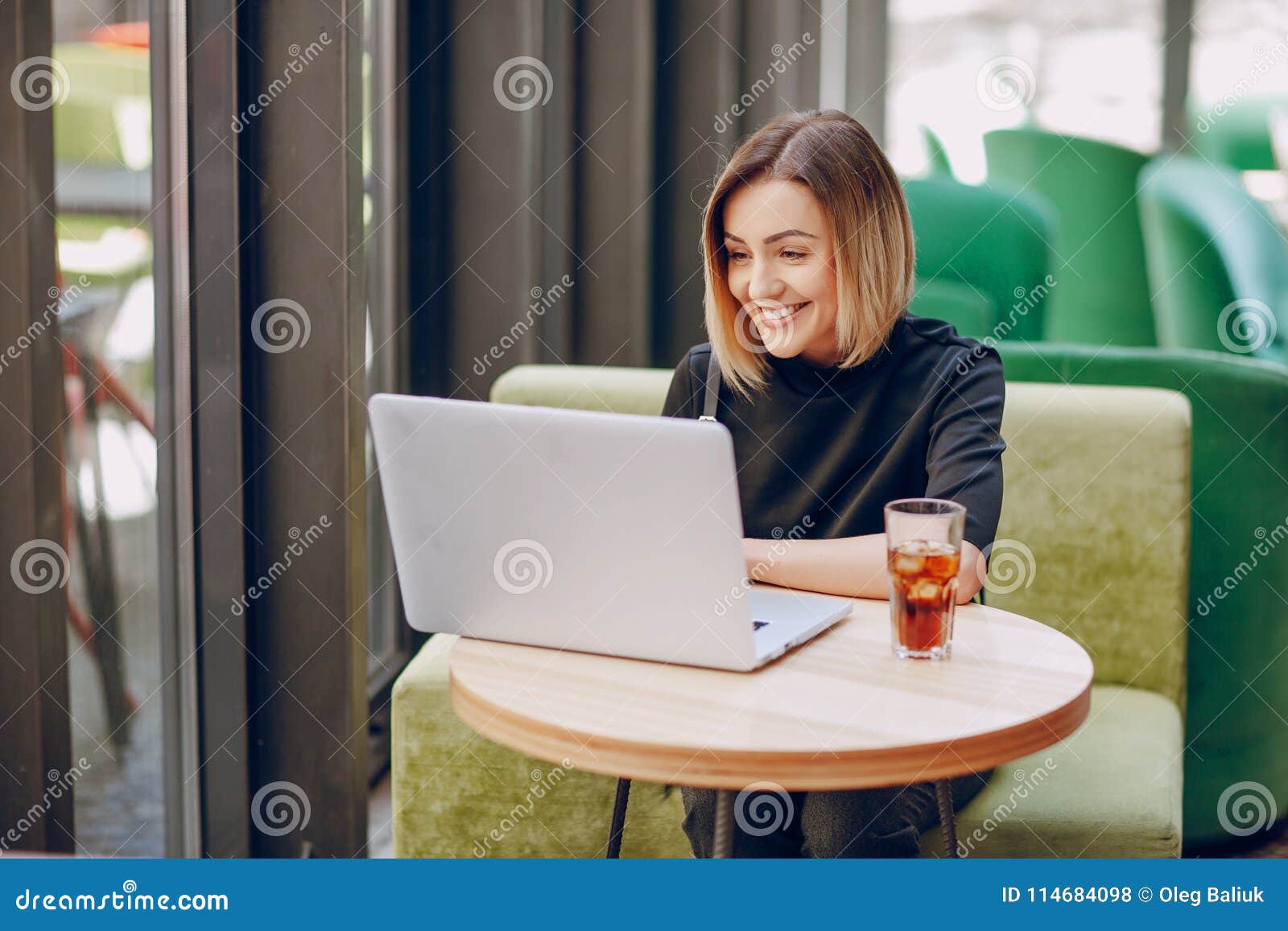 Girl laptop cafe cocktail stock photo. Image of laptop - 114684098