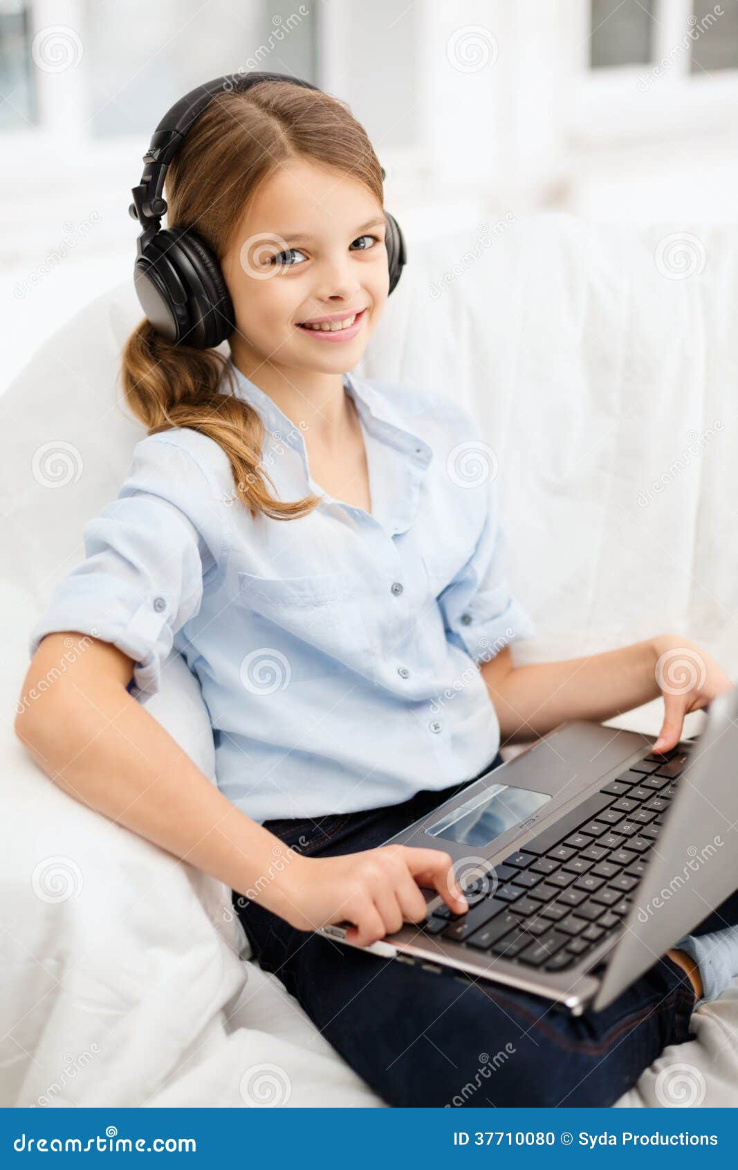 Girl with Laptop Computer and Headphones at Home Stock Photo - Image of ...