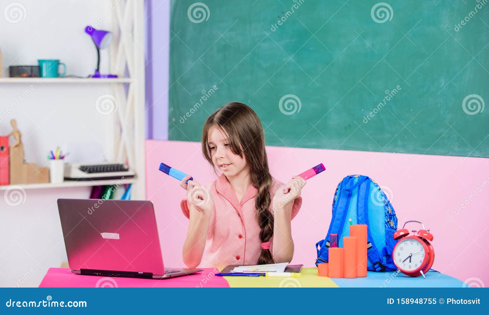 Girl Laptop Computer. Little Child Using Notebook. Digital Technology ...