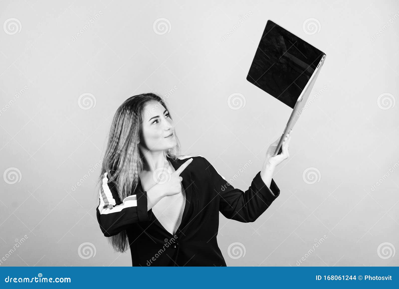 Girl with Laptop Computer. Software Developer. Developer Write Code ...