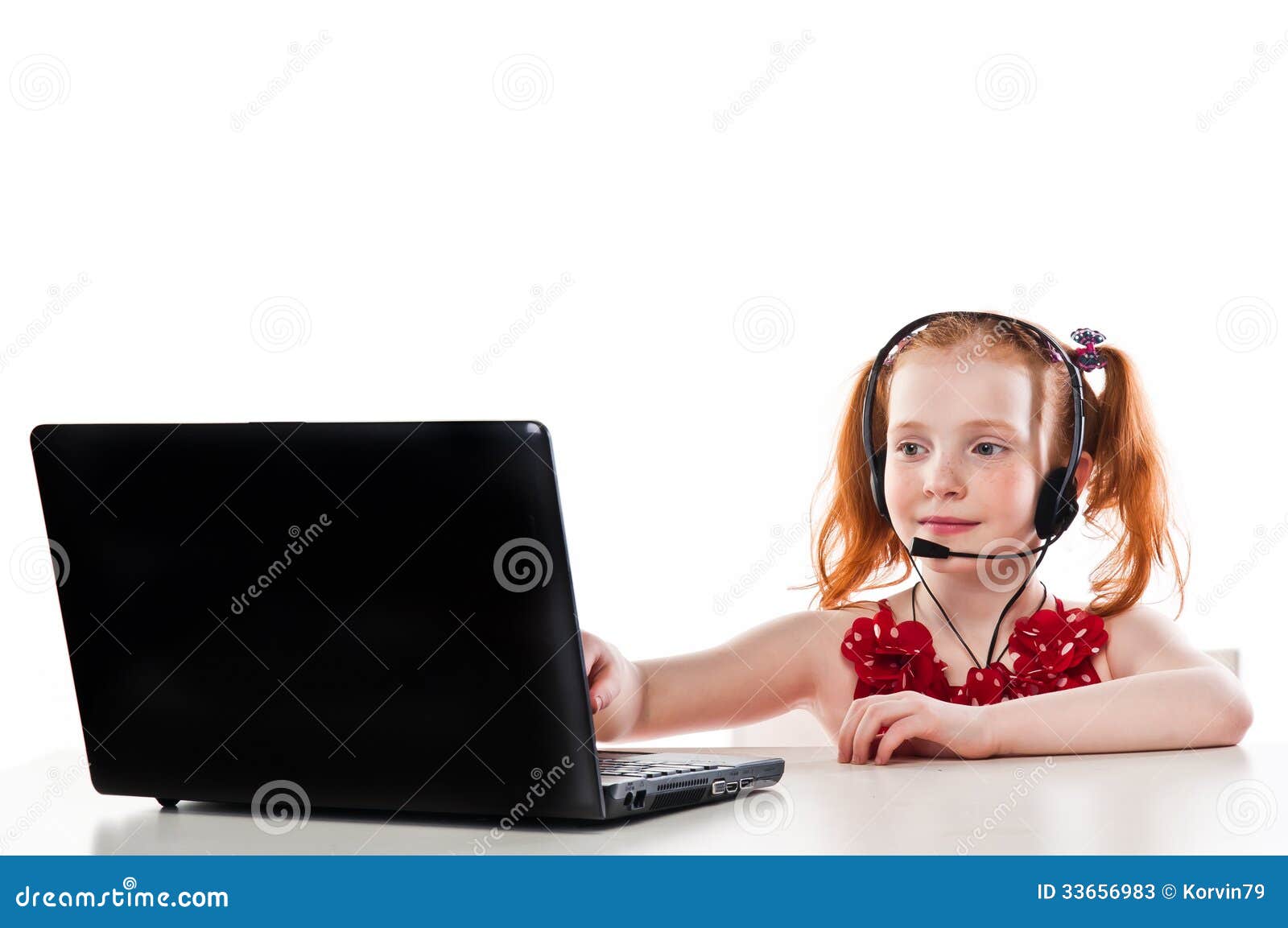 Girl with a Laptop and Headset Stock Image - Image of handsfree, laptop ...
