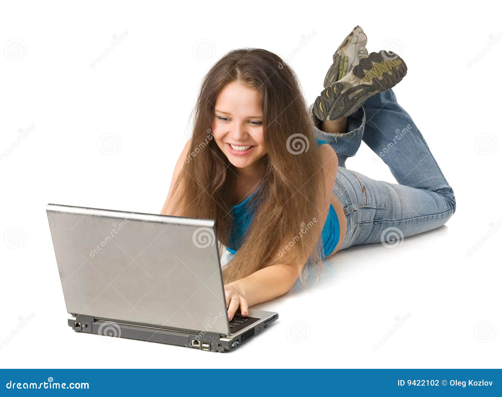 Girl with Laptop Lying on Floor Stock Photo - Image of happy, floor ...