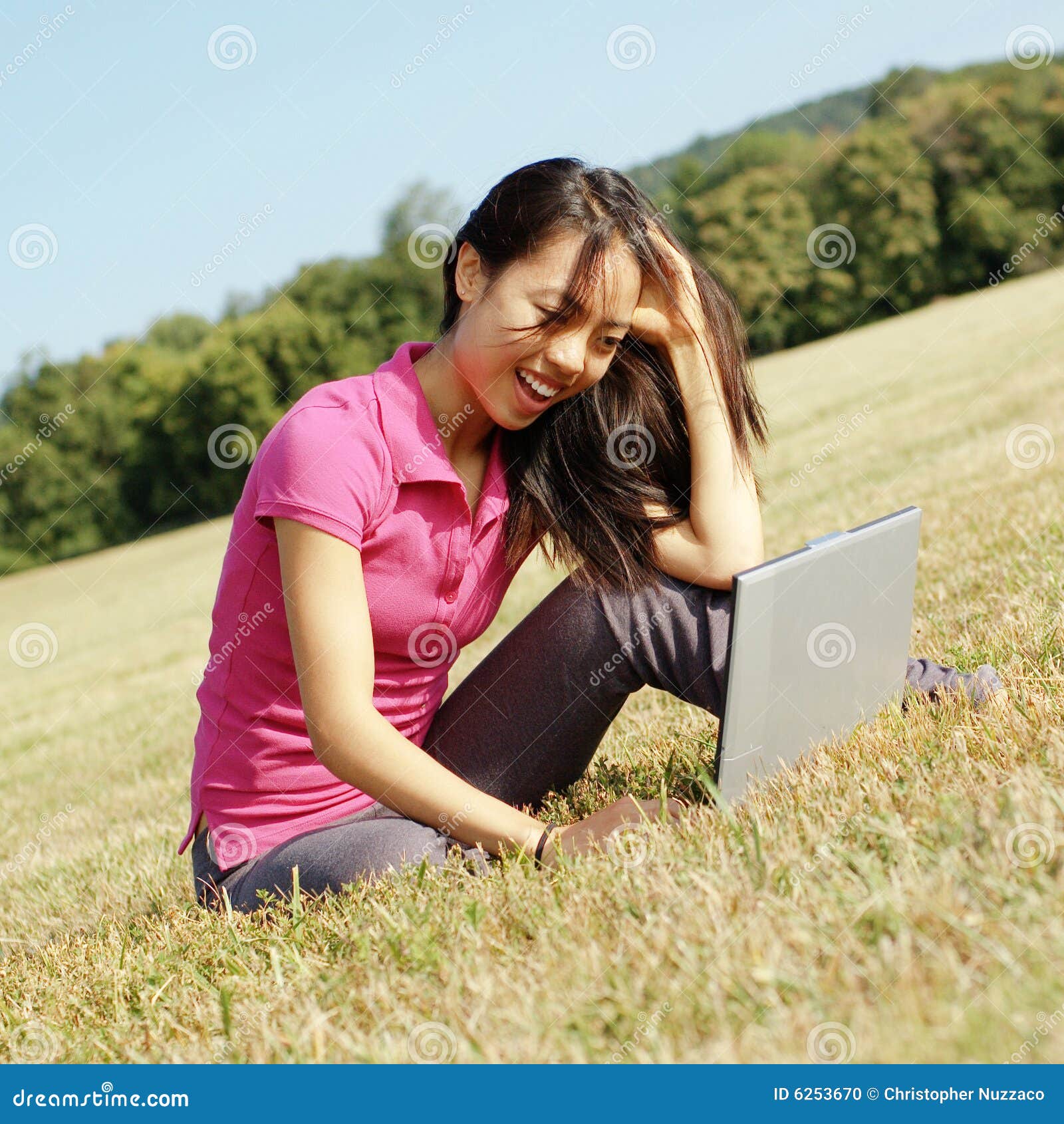 Girl on Laptop in Meadow stock photo. Image of cheerful - 6253670