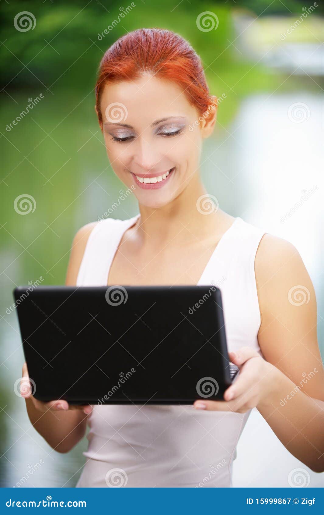 Girl with laptop outdoors stock image. Image of cute - 15999867