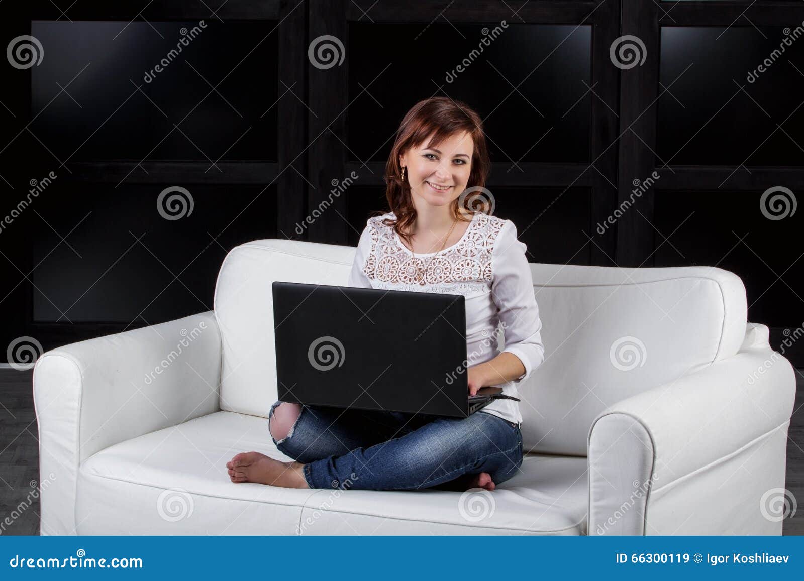 Girl with a Laptop Sitting on Sofa Stock Image - Image of sofa ...