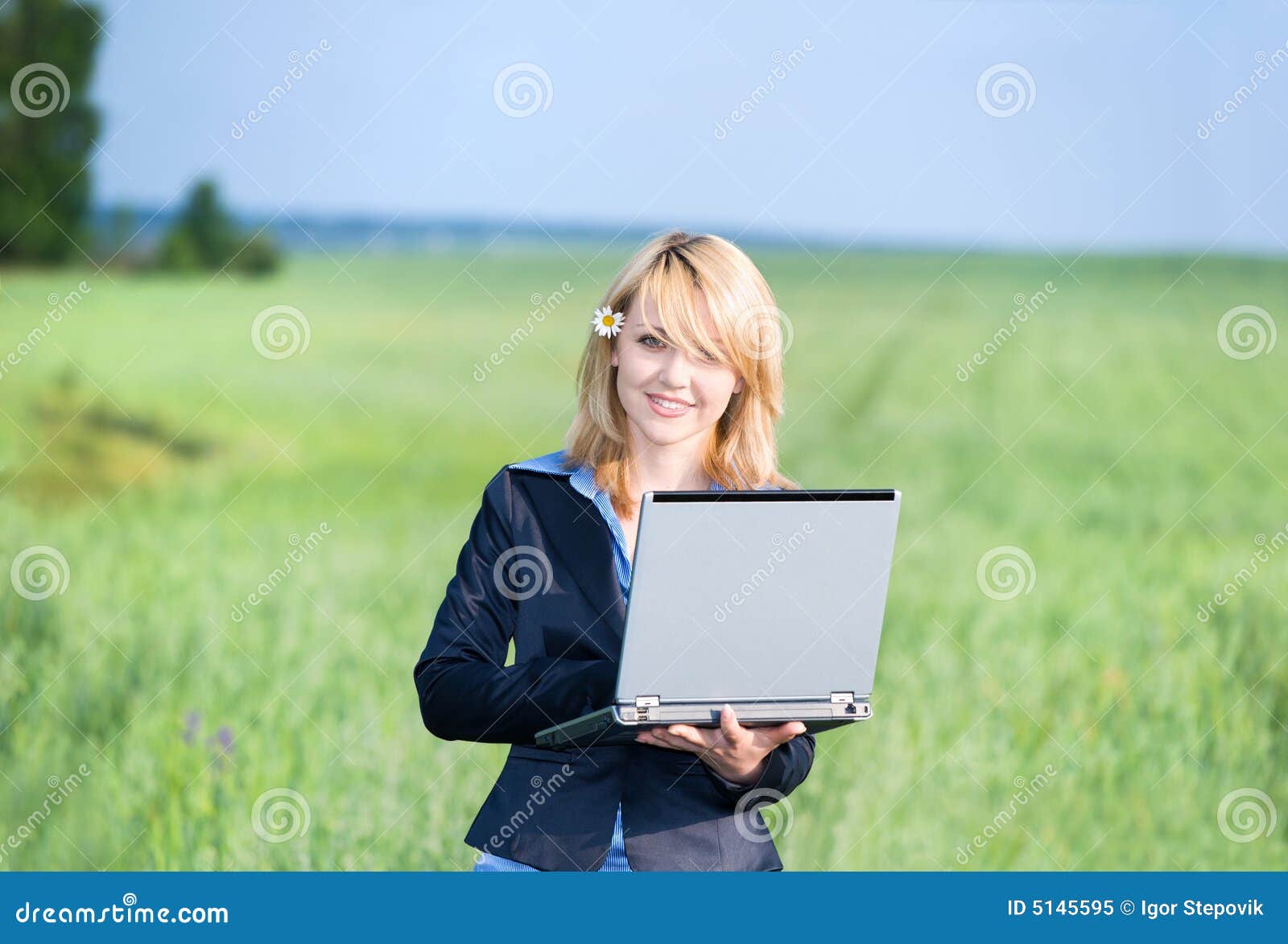 Girl with Laptop Stay on Meadow Stock Image - Image of agriculture ...