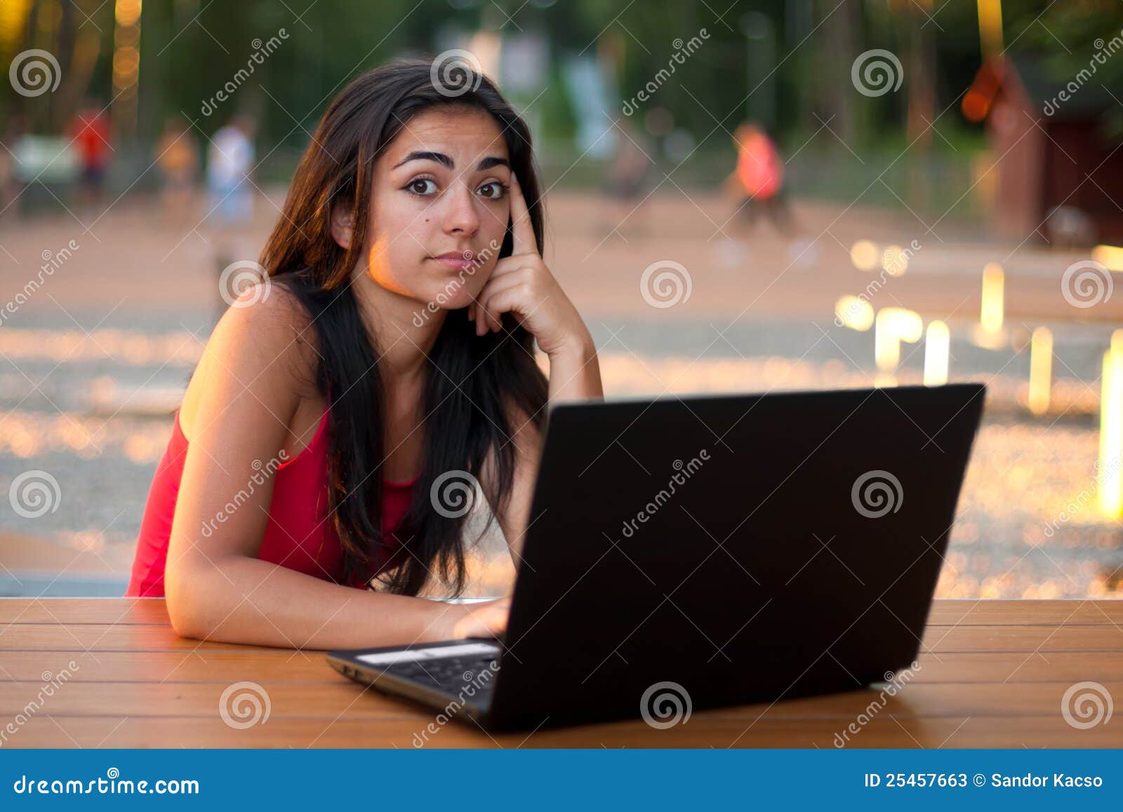 Girl with Laptop - Thinking Stock Image - Image of beautiful, hair ...