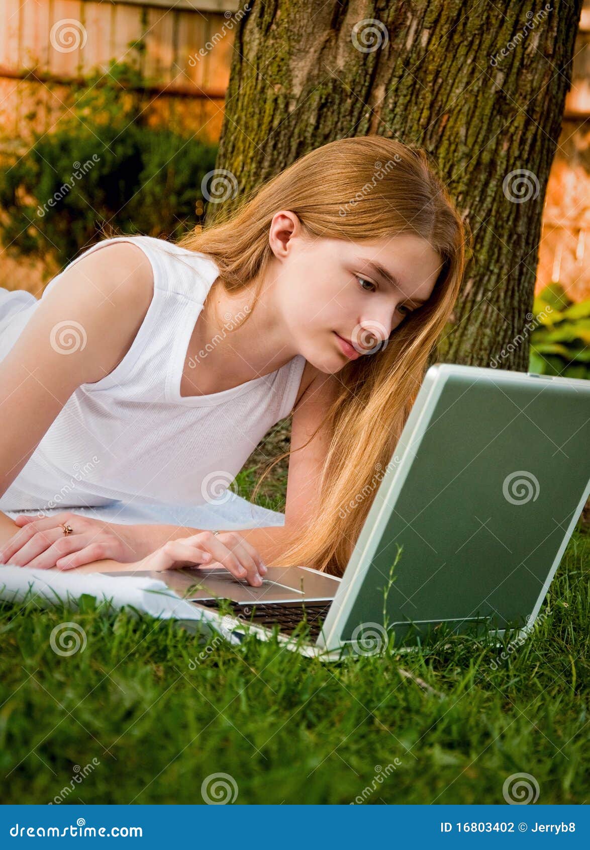 Girl on Laptop in Yard stock photo. Image of keyboard - 16803402