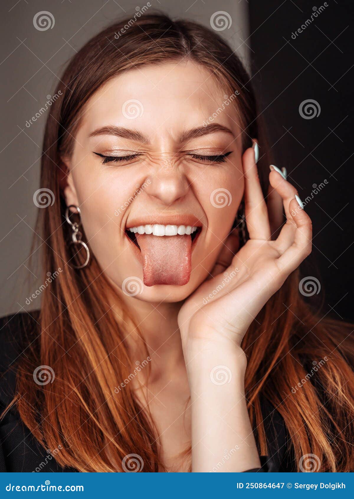 Girl Laughs Close Up Of The Face Woman Show Tongue Portrait With Open