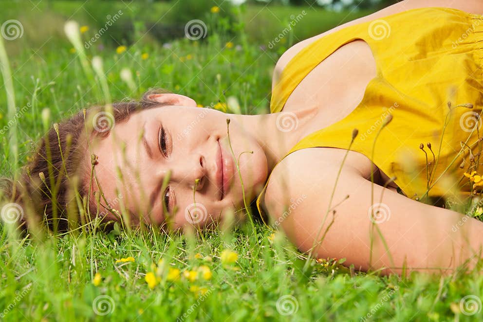 Girl Laying On Green Grass Stock Image Image Of Girl 27170483
