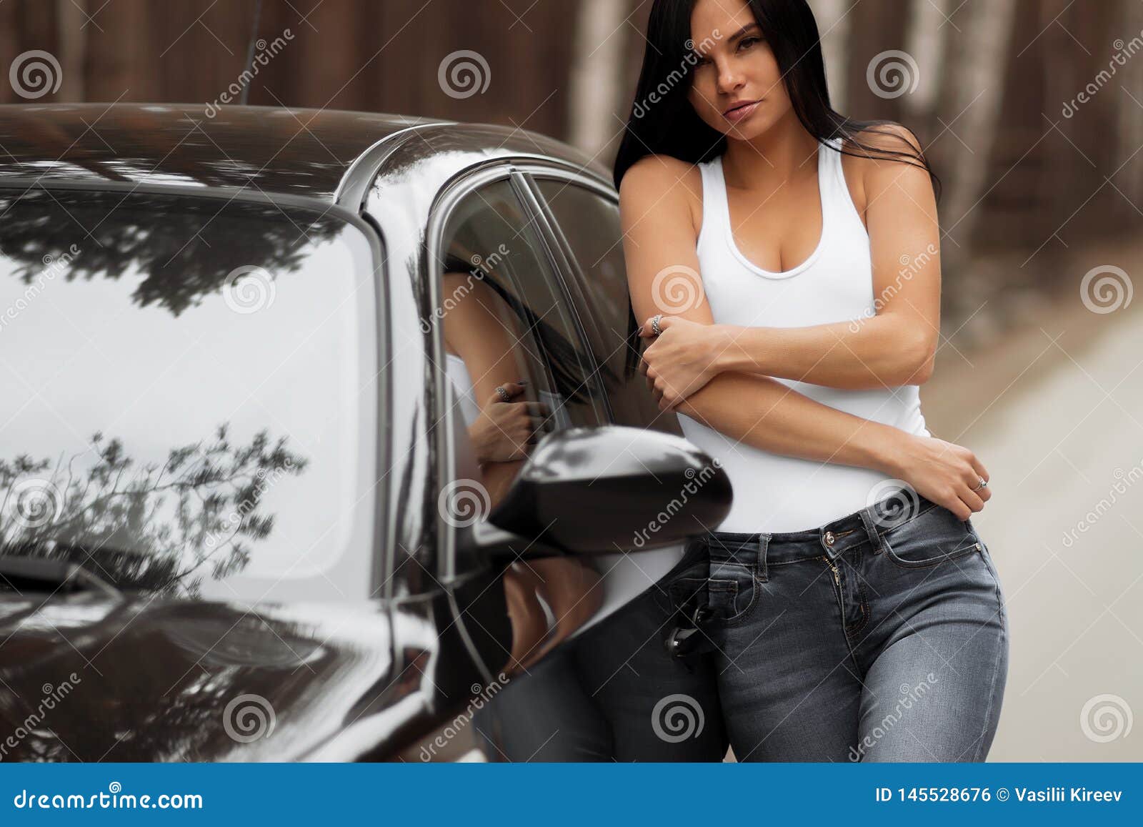 Brunette Girl Leaned Against the Car Stock Photo - Image of cheerful ...