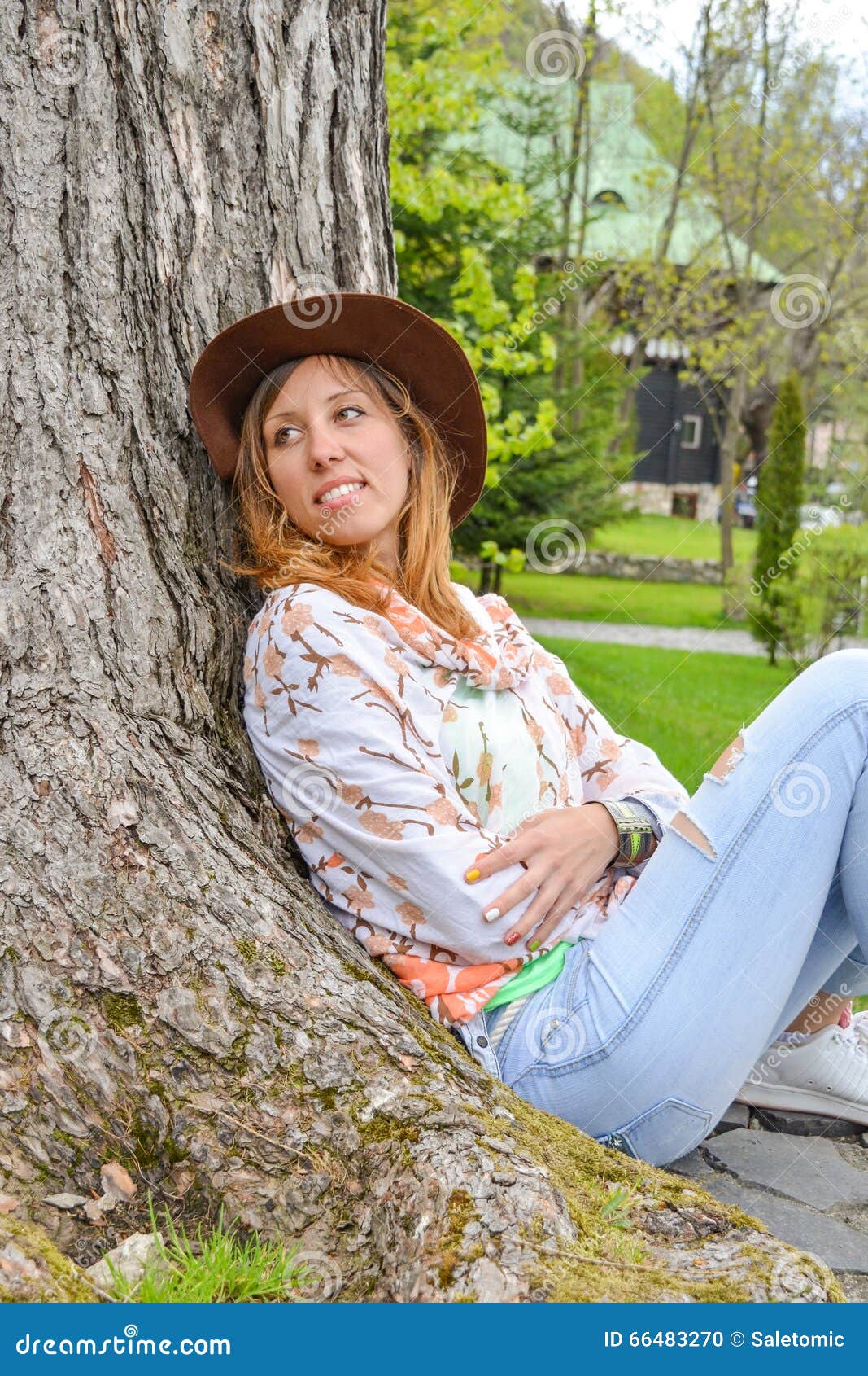 Girl Leaning Against a Tree Stock Photo - Image of adult, female: 66483270