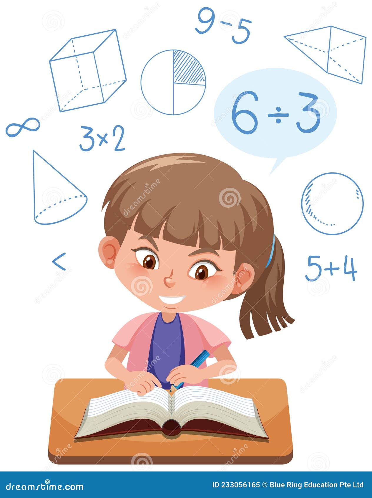 Girl Learning Math with Math Symbol and Icon Stock Vector ...