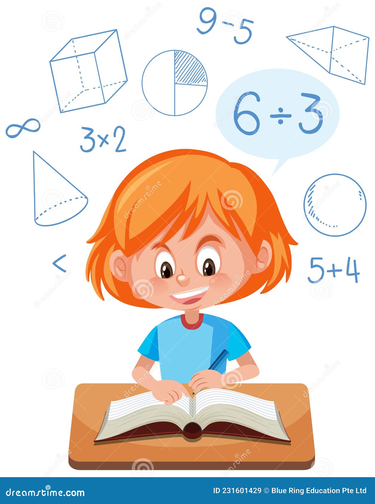 Girl Learning Math with Math Symbol and Icon Stock Vector ...