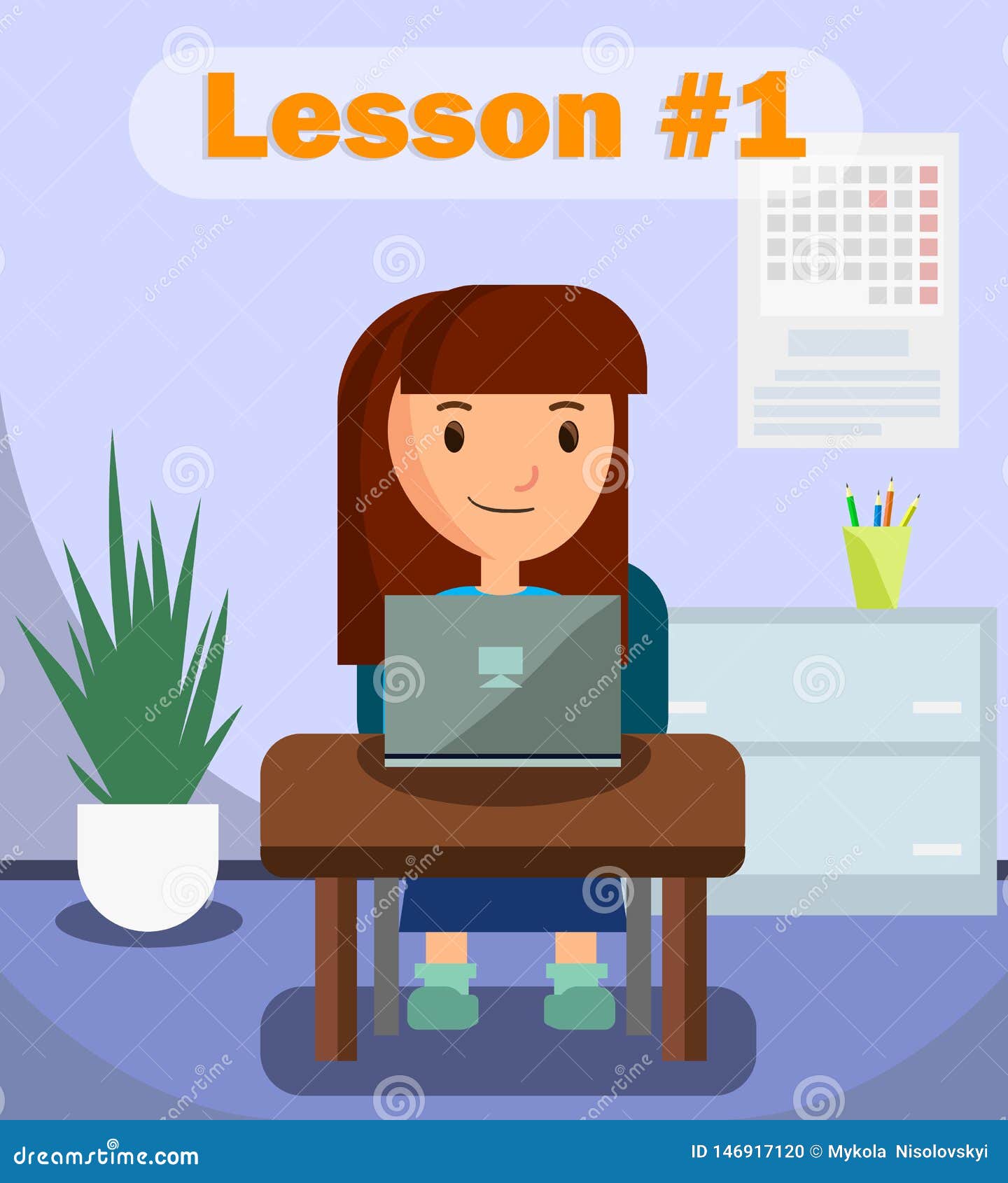 Girl Learning or Studying Using Laptop on Lesson. Stock Vector ...