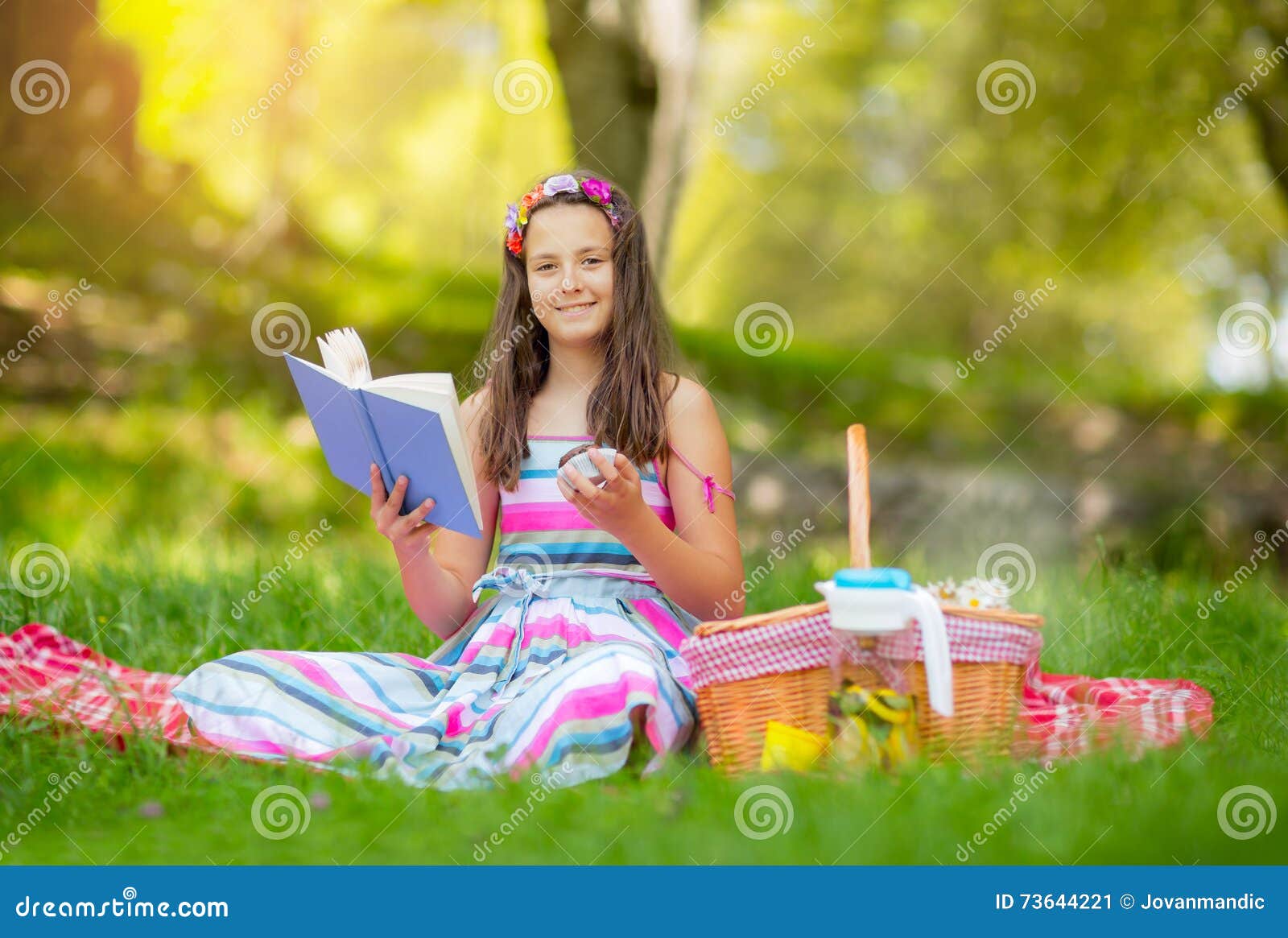 Girl Learning on Summer Vacation and Reading Book Stock Image - Image ...