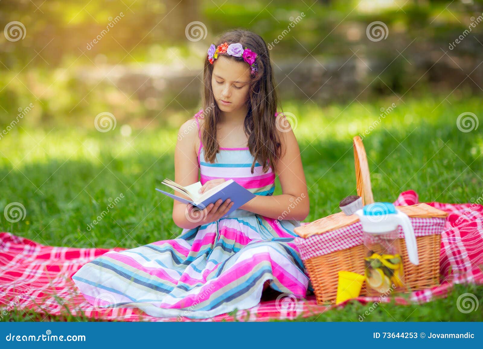 Girl Learning on Summer Vacation and Reading Book Stock Image - Image ...