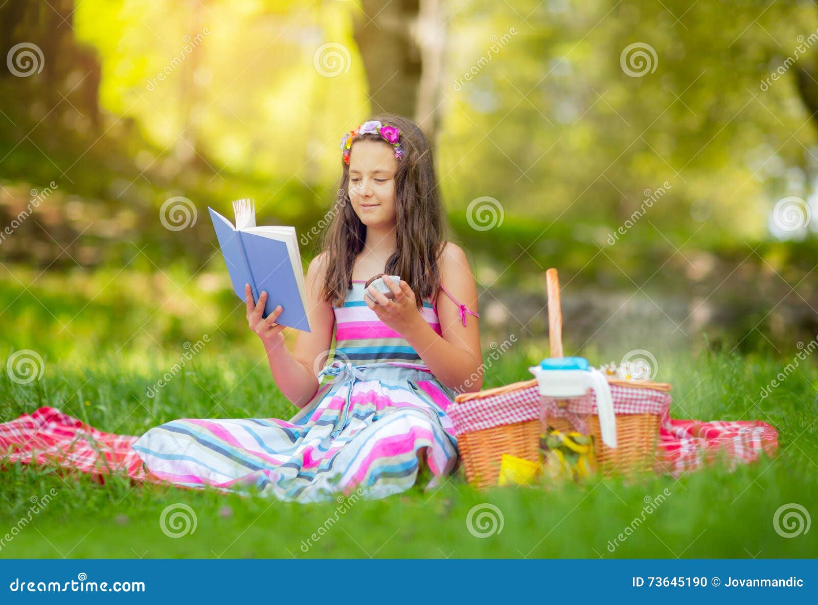 Girl Learning on Summer Vacation and Reading Book Stock Photo - Image ...