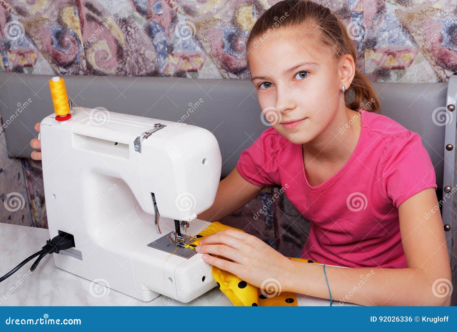 Girl Learns To Sew on an Sewing Machine Stock Photo - Image of clothes ...