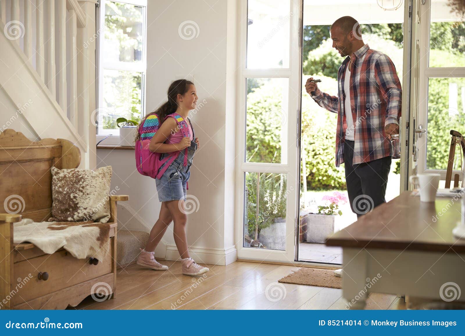 Girl Leaving Home for School with Father Stock Photo - Image of mixed ...
