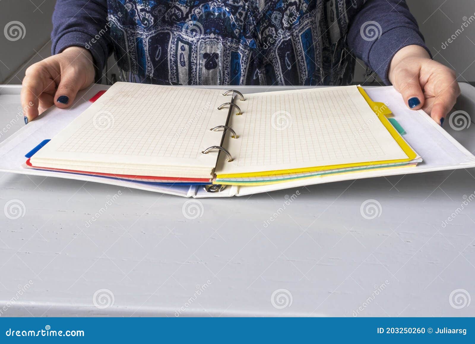Girl at Lectern Desk with Open Binder Notebook. Chequered Sheets, Paper ...