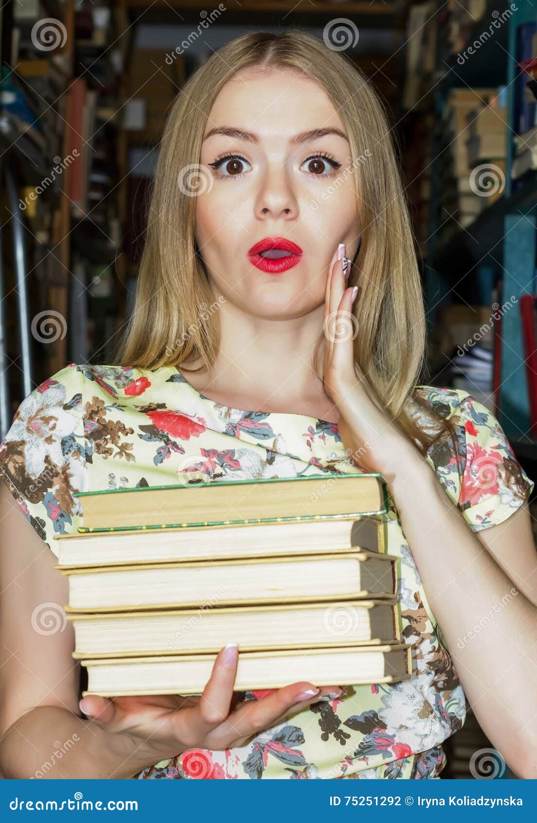 The Girl at the Library with Books Expressing Emotion Surprise S Stock ...