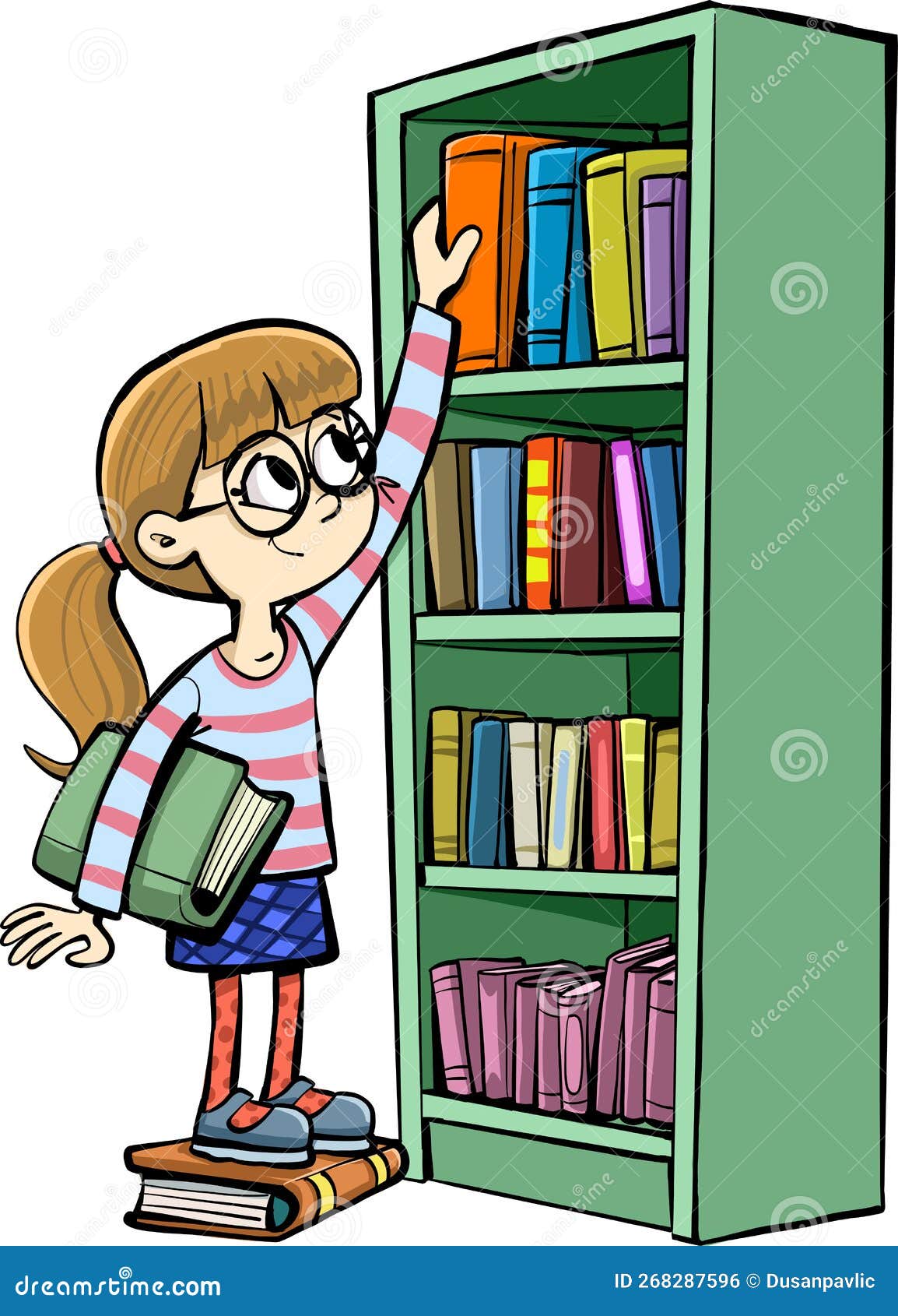 Girl in the Library by the Bookshelf Takes a Book Stock Vector ...