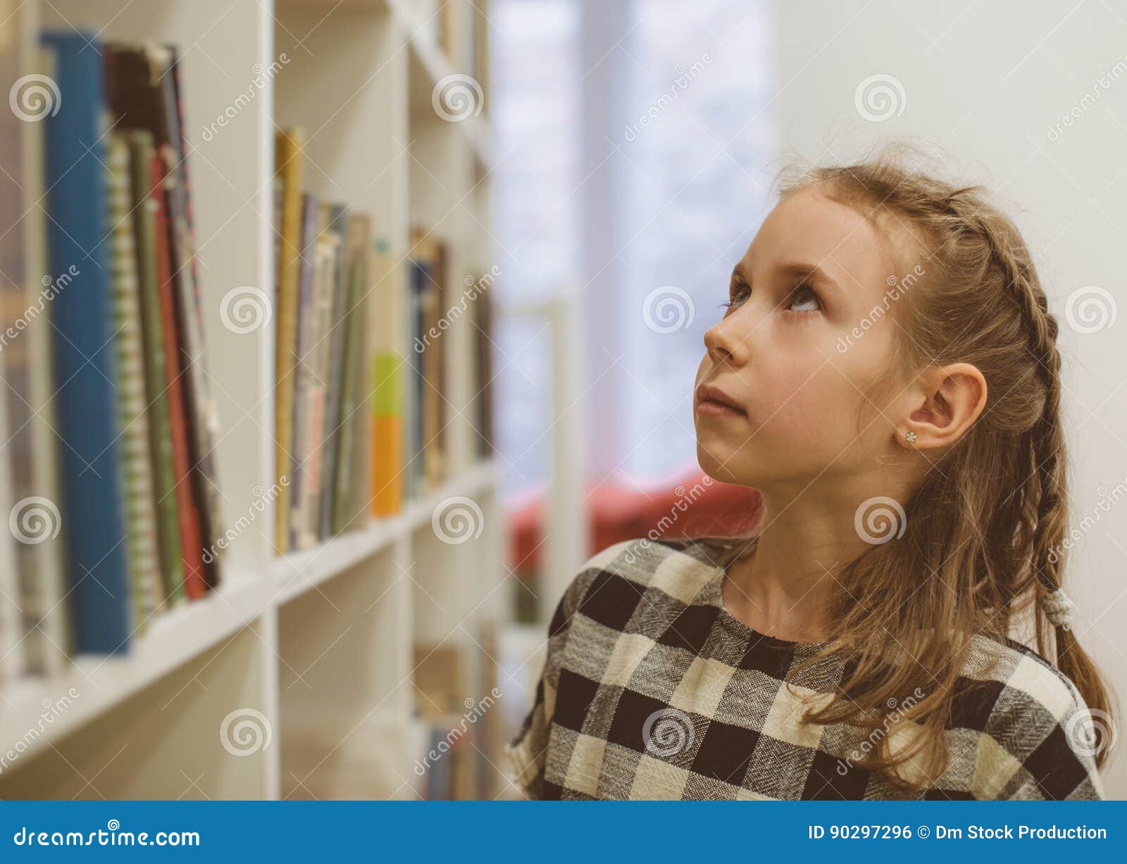 Girl in library. stock photo. Image of bookcase, elementary - 90297296