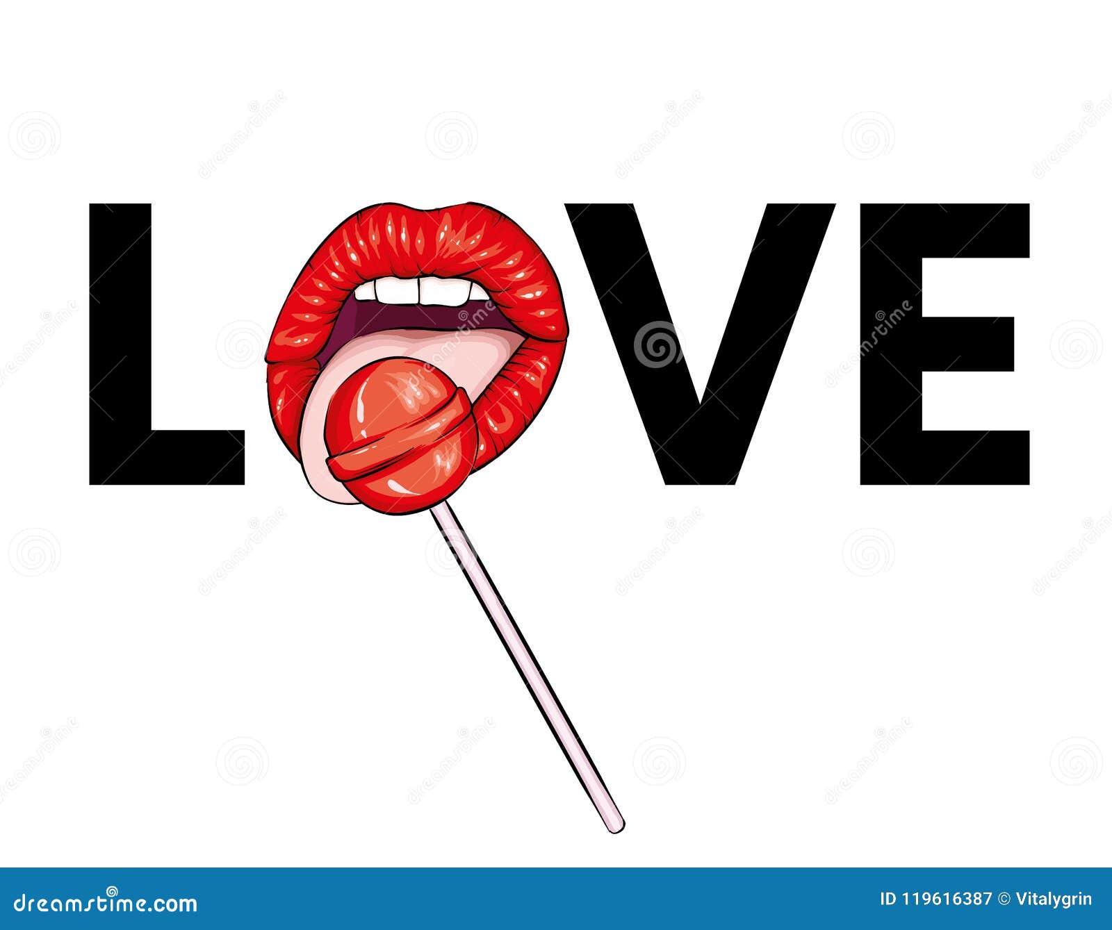 Sexy Lips With Tongue Licking Lollipop Chupa Chups Vector Illustration