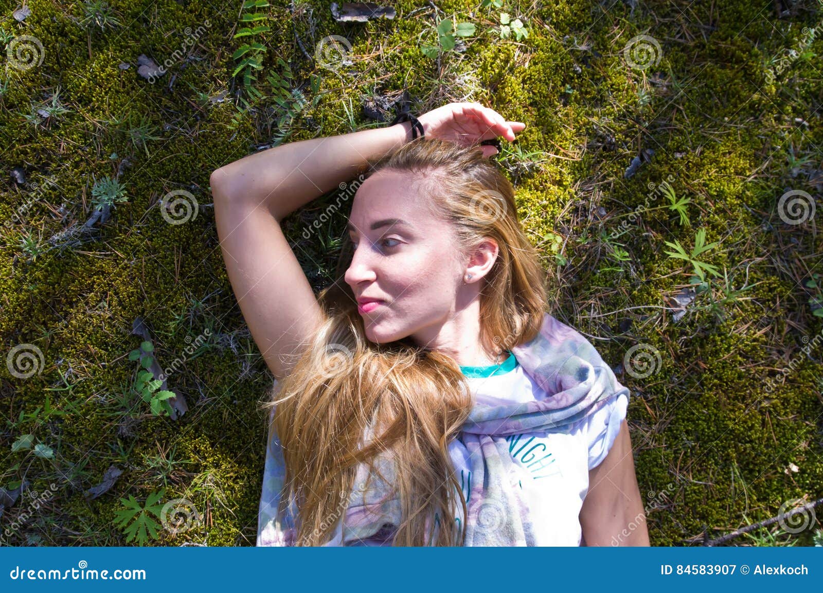 A Girl Lie on the Forest Moss Stock Image - Image of travelling, alone ...