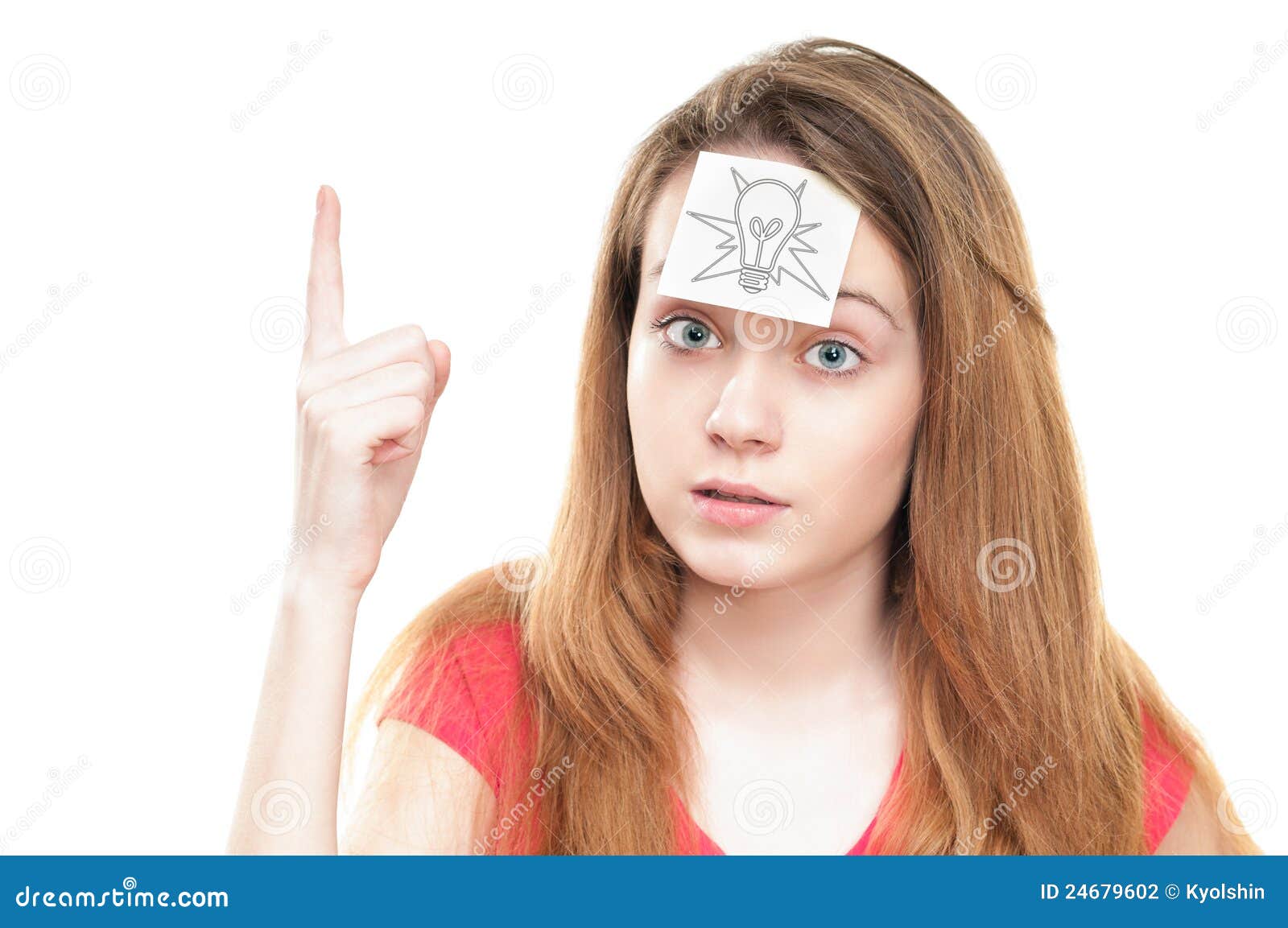 Girl with Light Bulb on Paper on Her Forehead. Stock Photo - Image of ...