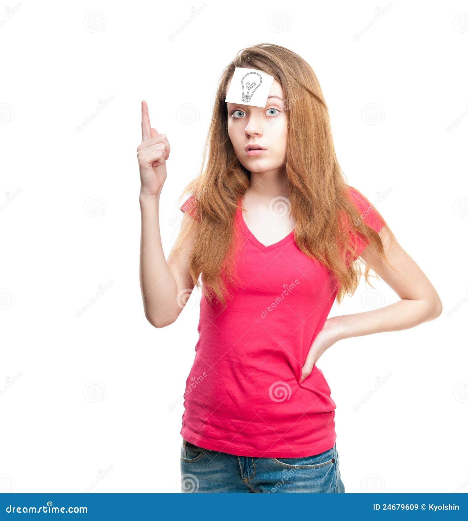 Girl with Light Bulb on Paper on Her Forehead. Stock Image - Image of ...