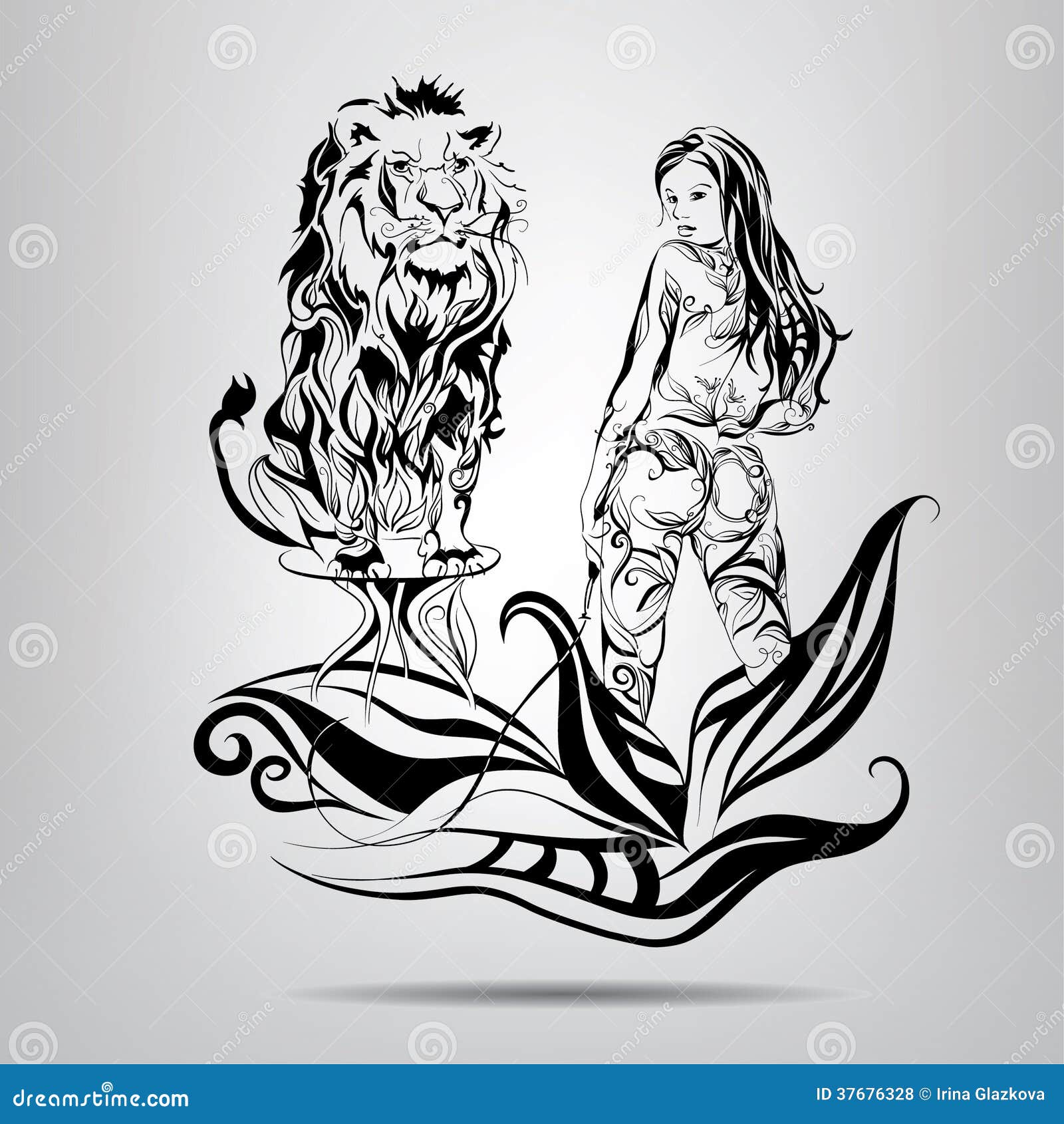 A Girl with a Lion Tamer in the Patterns. Vector Illustration Stock ...