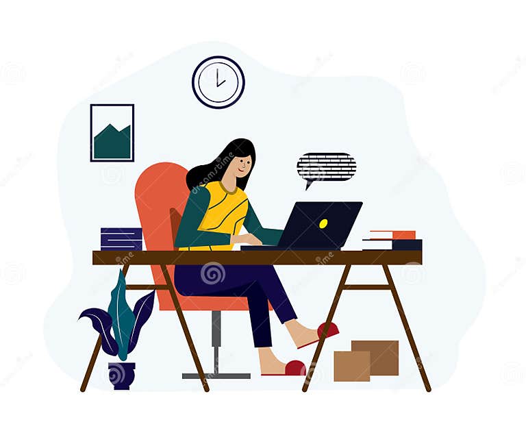 Girl With Long Black Hairs Working On Laptop With Smile Doing