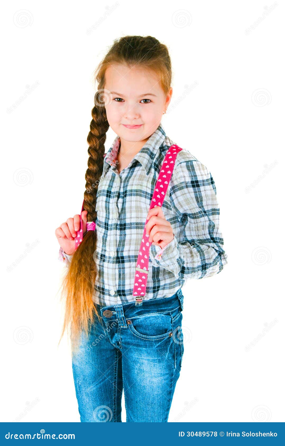Girl with Long Braid in a Plaid Shirt and Jeans Stock Photo - Image of ...