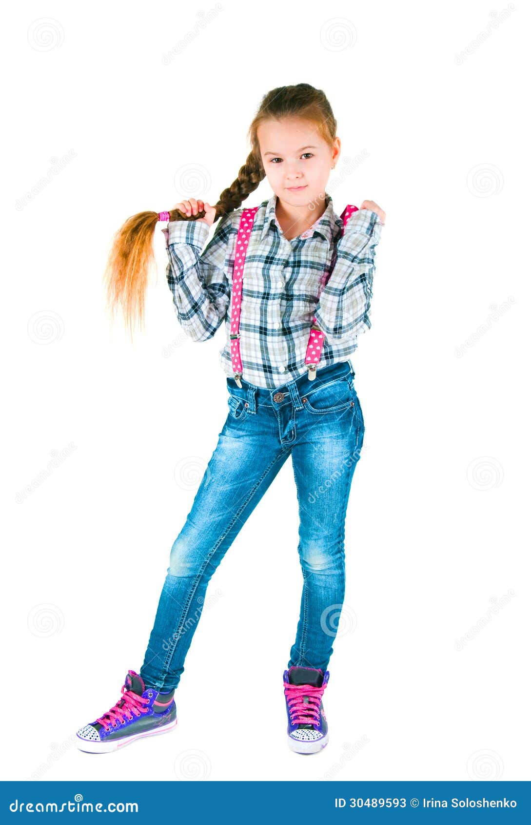 Girl with Long Braid in a Plaid Shirt and Jeans Stock Image - Image of ...
