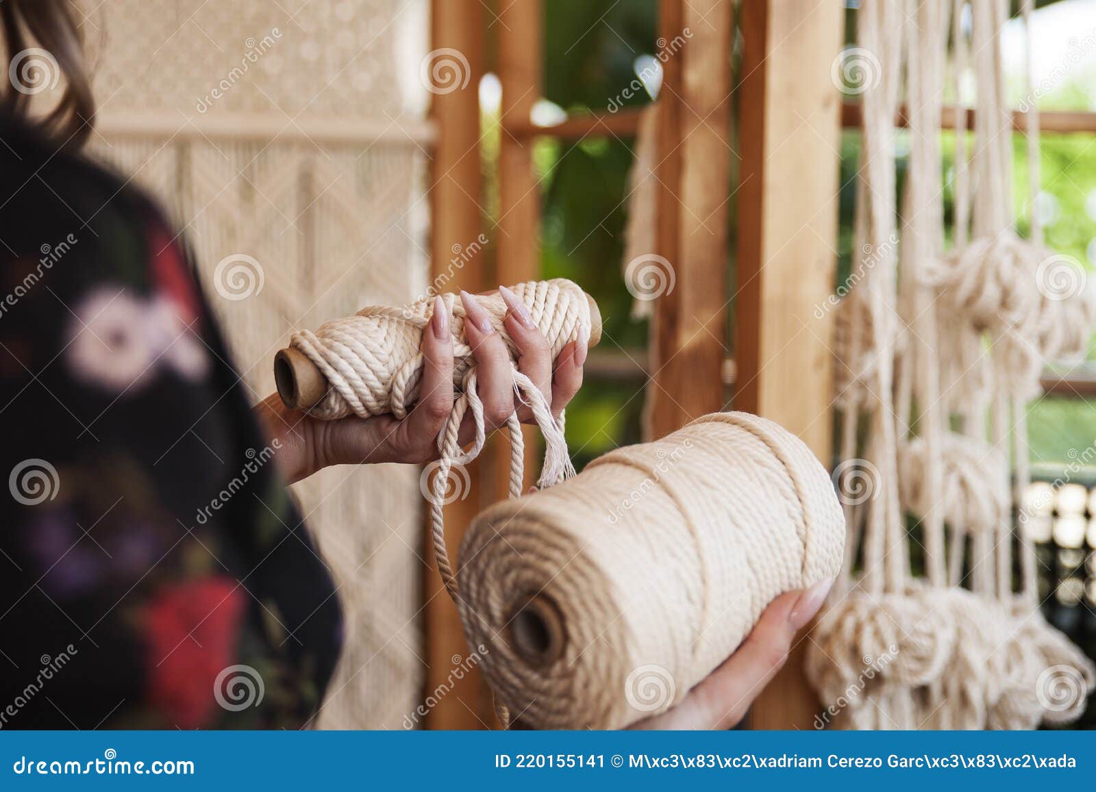 Girl with Long Nails Holds Two Rolls of Macrame Rope Stock Image ...