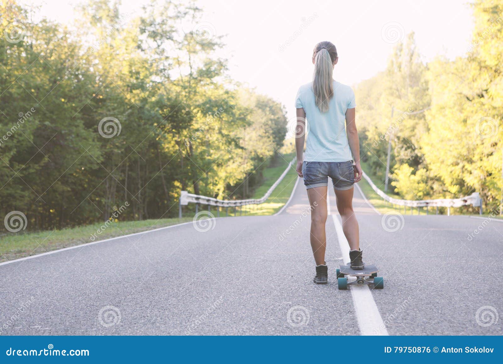 Girl with longboard. stock photo. Image of hobbies, skateboard - 79750876