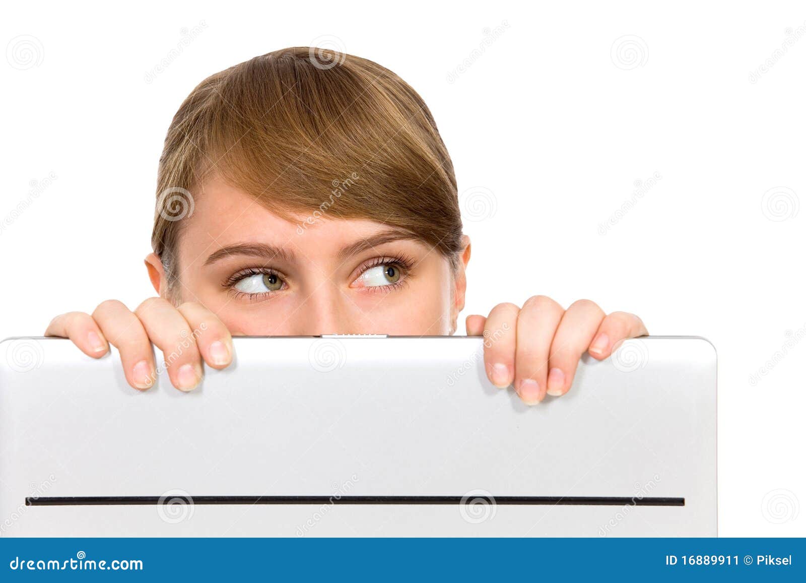 Girl Looking Behind Laptop stock image. Image of peeping - 16889911