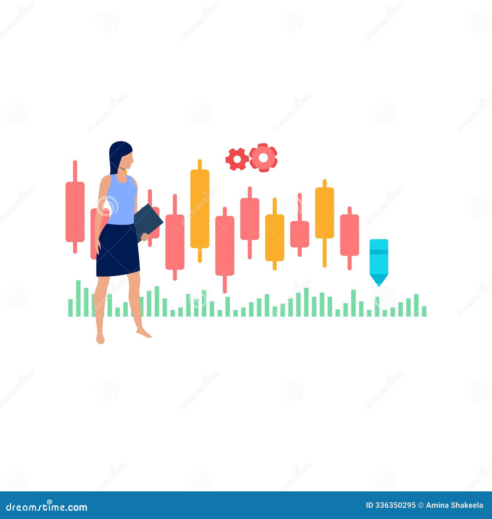 The Girl is Looking at the Candlestick Graph Stock Illustration ...