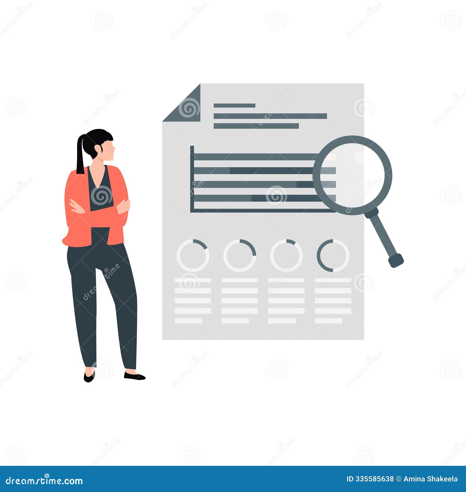 A Girl is Looking for a Graph on a Document Stock Illustration ...