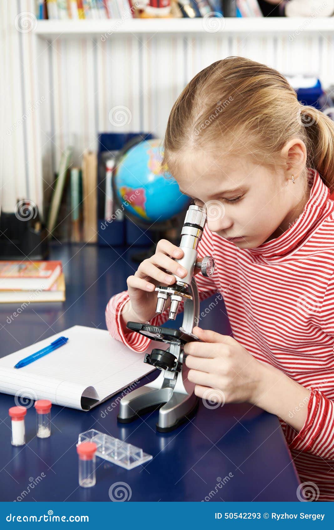 Girl Looking through a Microscope Stock Image - Image of female, books ...