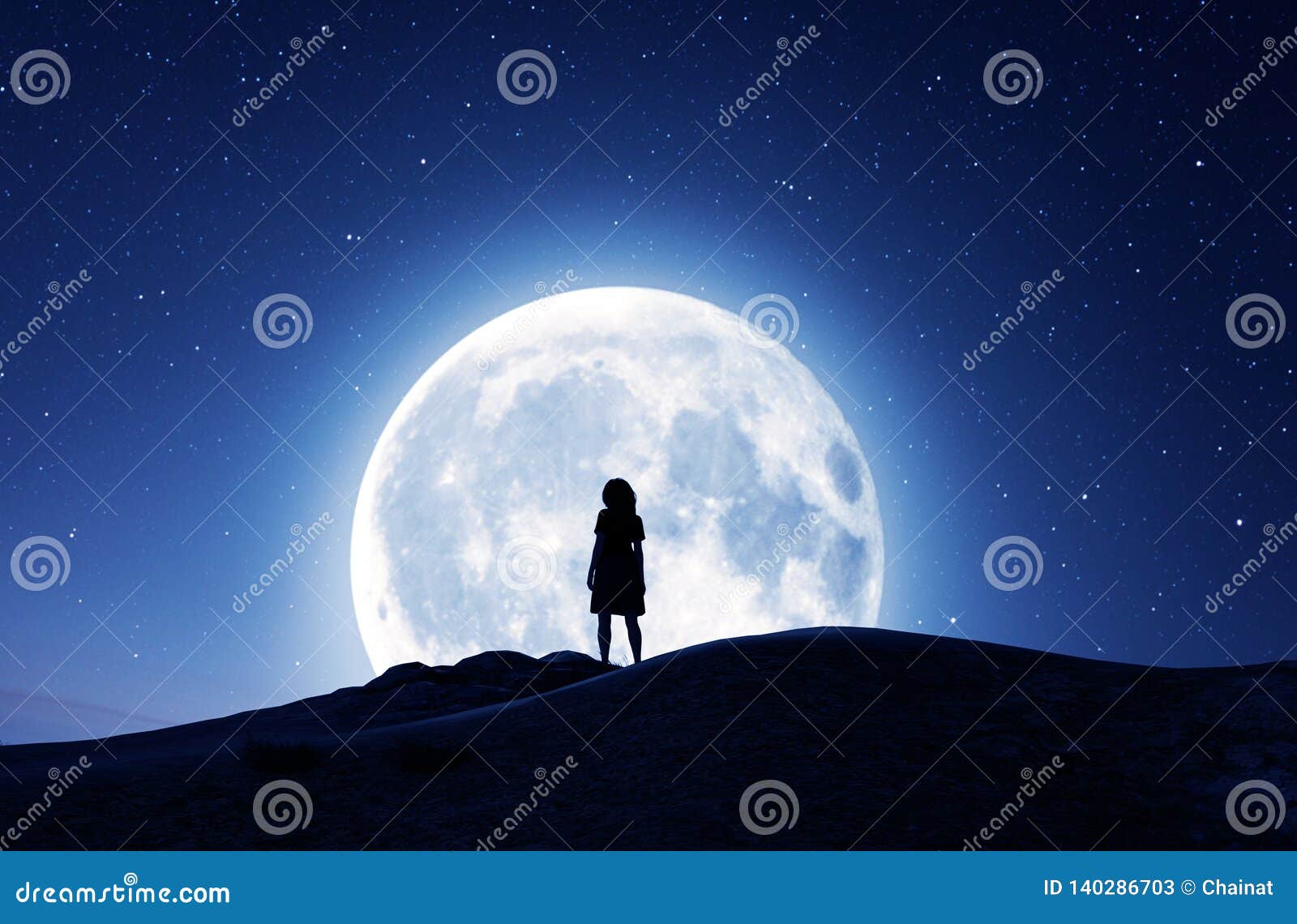 Girl Looking at the Moon in Starry Night Stock Illustration ...