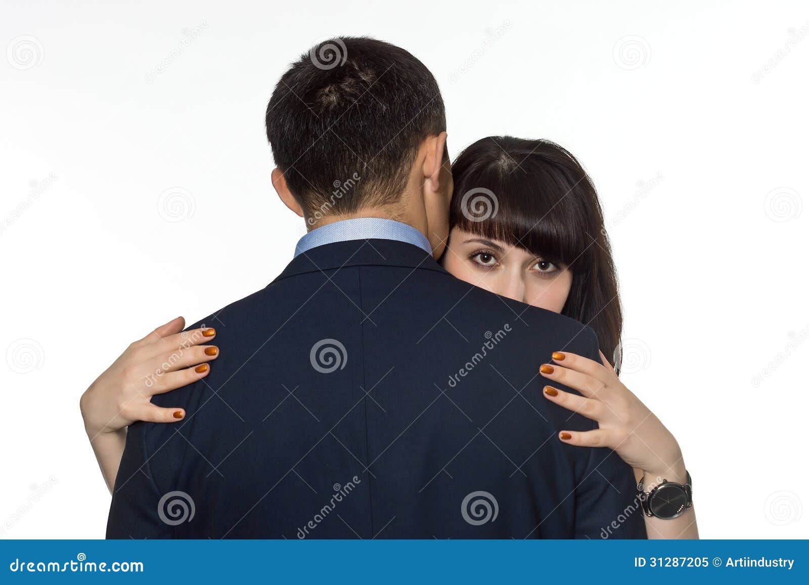Girl Looking Out from Behind the Backs of Men Stock Image - Image of ...