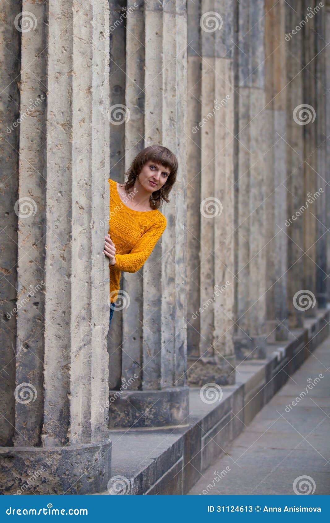 Girl Looking Out of Old Columns Stock Image - Image of young, yellow ...